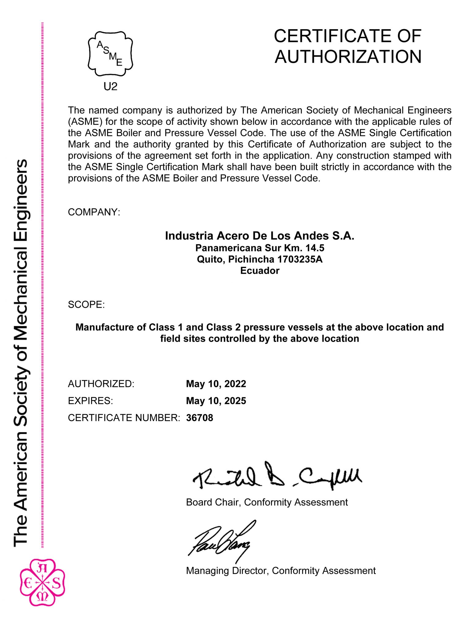 ASME U2 - Acero Andes | Tecnología Confiable